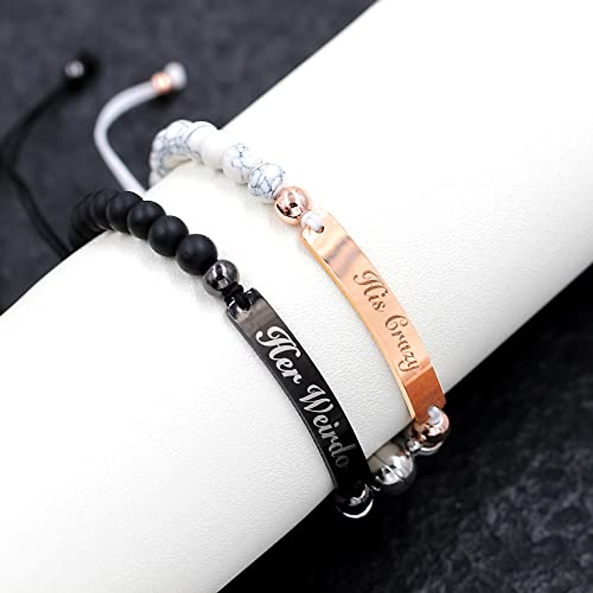 Uloveido His Crazy Her Weirdo Couple Bracelets Stainless Steel ID and Natural Beads Handmade Braided Rope Bracelet Set for Men Women Adjustable (His Crazy Her Weirdo)