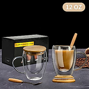 PARACITY Glass Coffee Mugs Set of 2 with Bamboo Lid/Spoon, Double Wall Insulated Clear Tea Cups 12 OZ with Hand for Cappuccino/Latte/Coffee, Borosilicate Glassware for Kitchen/Travel