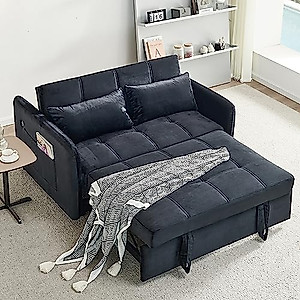 Sofa Couch w/Pull Out Sleeper Bed, 55.5” Black Velvet Upholstery Convertible Loveseat Twin Sofabed with Two Arm Pockets, 3-angle Adjustable Backrest Sofa, Build-in 2 USB Charger Ports for Living Room