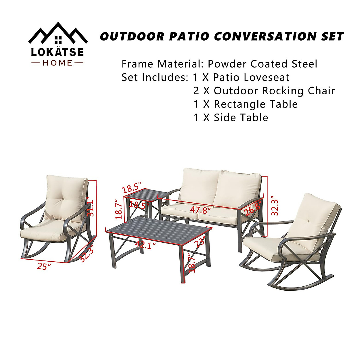 LOKATSE HOME 5 Pieces Outdoor Loveseat Set Rocking Chairs Patio Conversation Furniture Metal Bench with Cushion & Coffee Table, Khaki