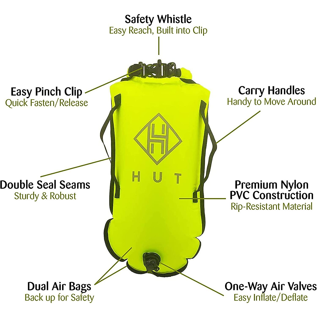 HUT Swim Buoy Dry Bag - Premium Tow Float and Watertight Dry Bag for Open Water Swimmers, Triathletes. High Visibility Safety Swim Buoy, Two air Chambers - be seen be Safe (20L)