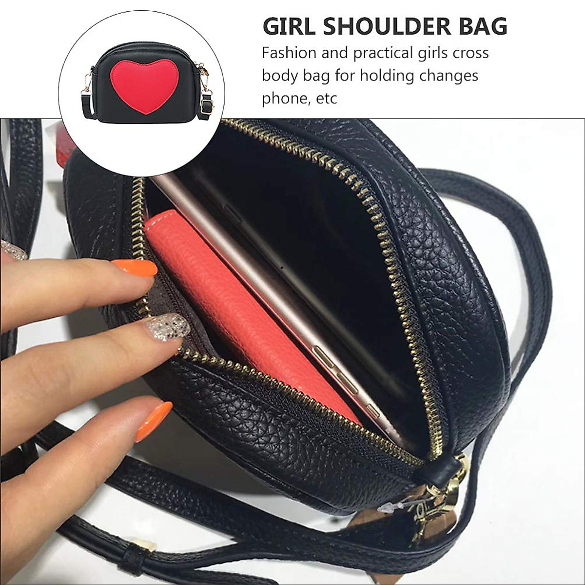 KESYOO Peach Heart Shoulder Bag Girl Shoulder Bag Black Messenger Bag Girls Shoulder Bag Sling Bag for Kids Purse Bag Kids Pu Leather Messenger Bag Girls Bag Coin Purse One Shoulder Child