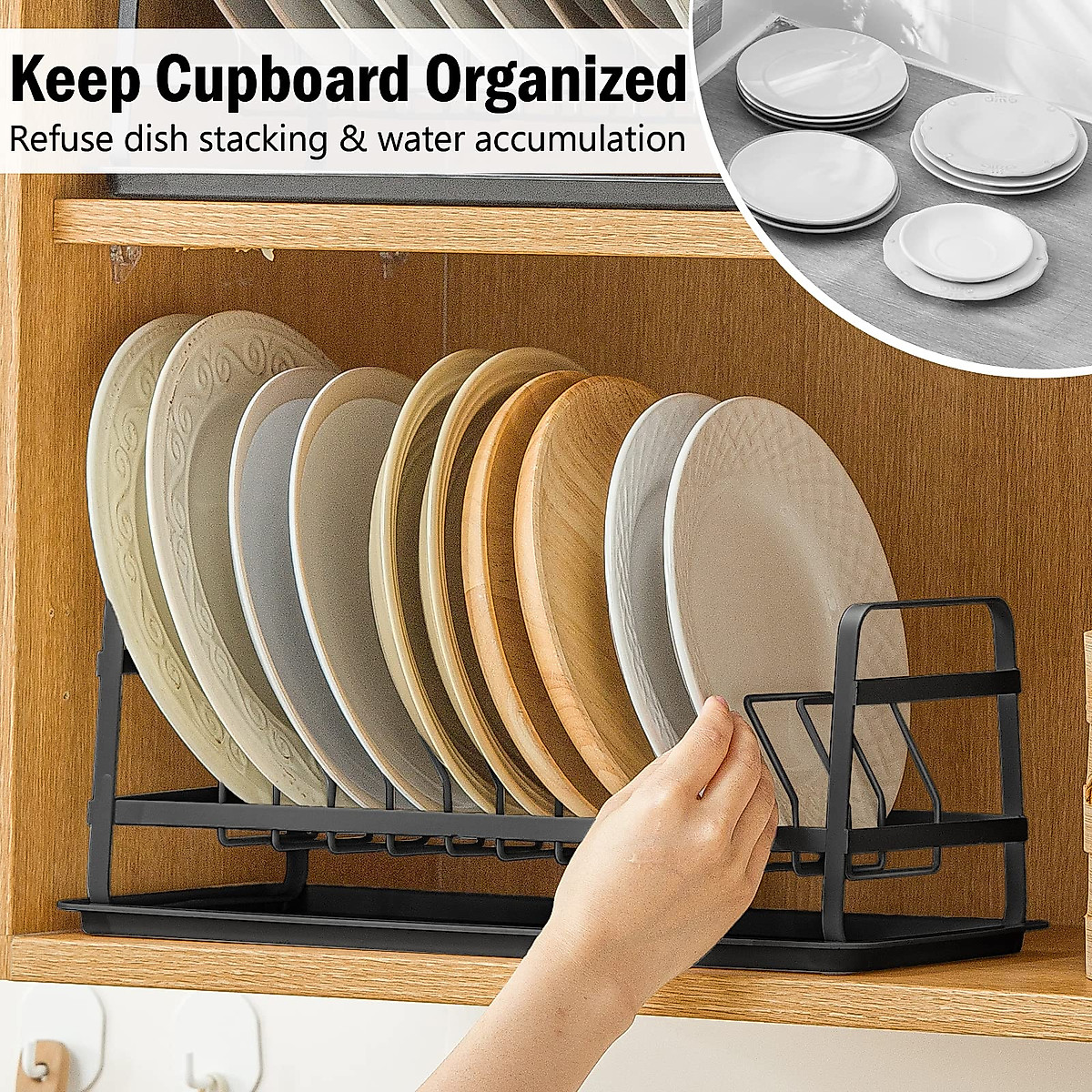 Poeland Dish Drying Rack with Drain Pan, Plate Pot Lid Holder and Dish Drainer for Kitchen Counter Cabinet