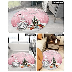 Christmas Gnomes Fluffy Round Area Rug Carpets 4ft, Plush Shaggy Carpet Soft Circular Rugs, Non-Slip Fuzzy Accent Floor Mat for Living Room Bedroom Nursery Home Decor Xmas Snowy Tree Bird Pink