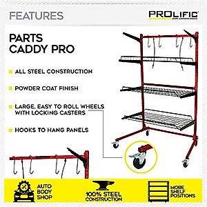 Prolific Parts Caddy Pro - Auto Body Parts Rack with Wheels - 50"W x 73"H x 31"D - Multiple Shelf Positions – All Steel Construction - RED