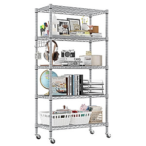Homdox 5 Tier Adjustable Rolling Storage Shelves, Heavy Duty Wire Storage Racks and Shelving, Metal Shelves for Storage with Side Hooks for Pantry Closet Kitchen Garage Organization, Silver Gray