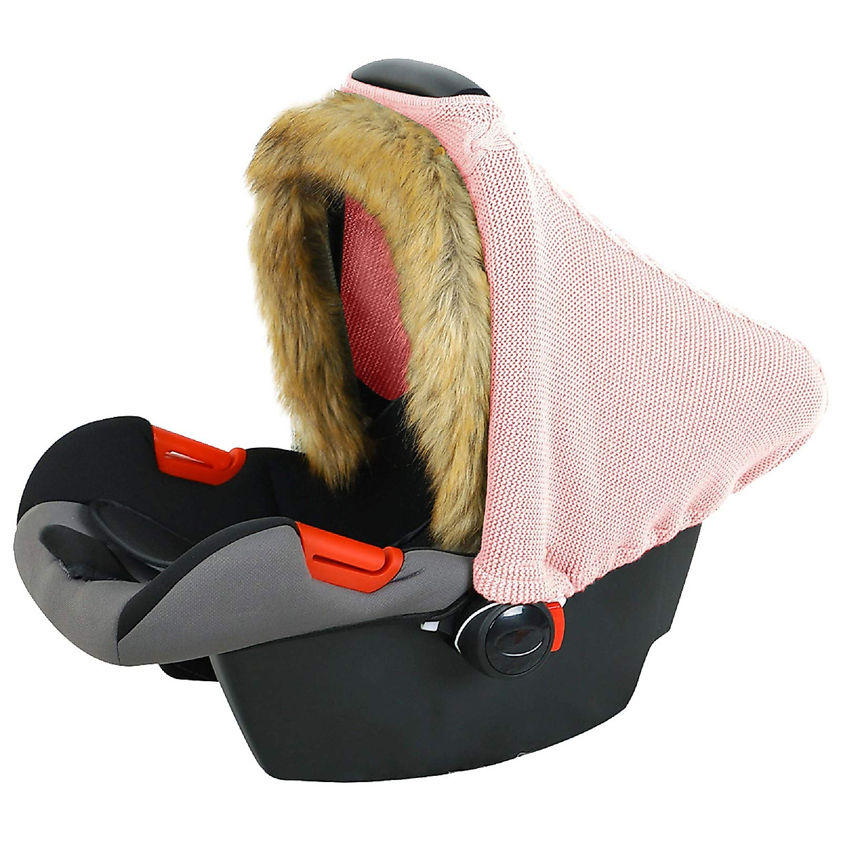Yinuoday Baby Car Seat Cover with Faux Fur Hem Winter Knitted Stretchy Infant Stroller Cover Carseat Canopy for Boy Girl Indoor Outdoor