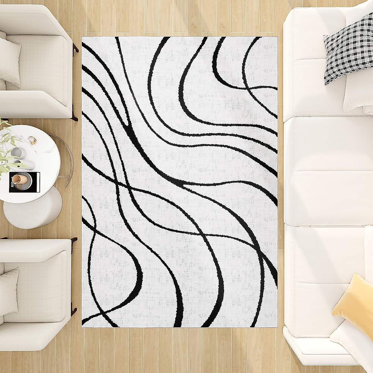 YIHOUSE Modern Abstract Washable Rugs 6x9, Non Slip Soft Black and White Wave Rug, Thin Geometric Minimalist Striped Rug, Stain Resistant Swirl Area Rug for Living Room,Office