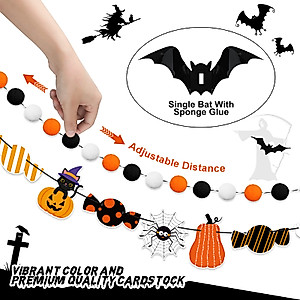 Happy Halloween Banner Pom Pom Garland Set and Halloween Bat Candy Banner with Black Bat Wall Sticker for Halloween Party Decorations Home Decor