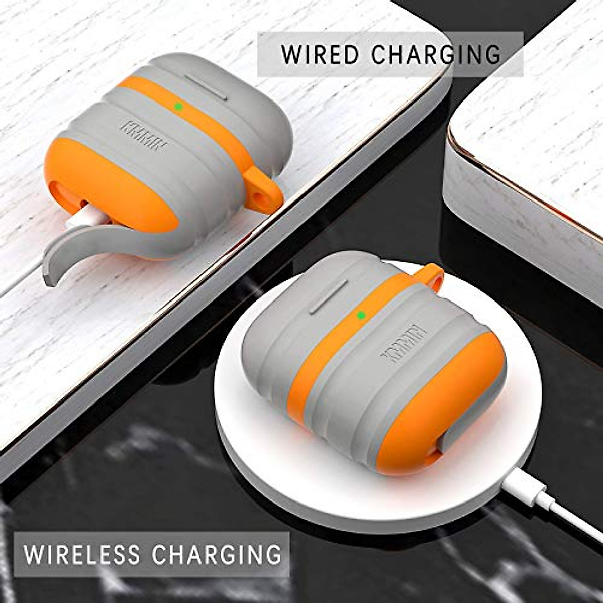 AirPods Case, KMMIN Waterproof AirPods Case Cover for Apple AirPods 1&2 Wireless Charging Case Premium Silicone Protective Case Skin Airpods Accesssories, LED Light Visible