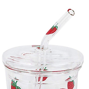 Ichiias Glass Cup Heat-Resisting Clear Strawberry Pattern Coffee Juice Drinking Water Mug with Straw Lid