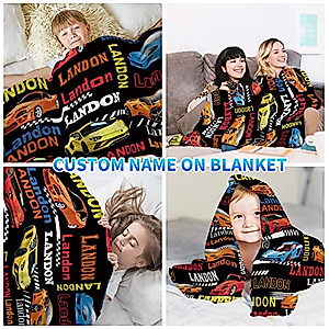 Personalized Race Car Blanket with Name for Boys Kids Custom Crazy Red Blue Racing Sportcar Throw Blankets Customized Speed Racer Warm Soft Flannel Fleece Sofa Blanket Gifts Decor, 40"x50"