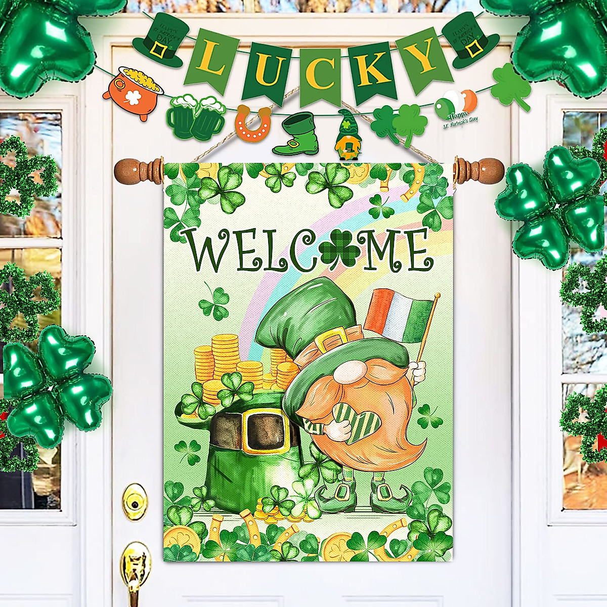 St Patricks Day Flag, St. Patrick's Day Flags 28 x 40 Double Sided, Saint Patricks Day Burlap House Flag with Leprechaun Gnomes Shamrock Clover Green Hat Welcome Signs for Outdoor Lawn Garden Decor