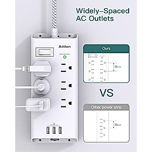 Addtam Power Strip Surge Protector 6 Outlets and 3 USB Ports 5Ft Long Extension Cord, Flat Plug Overload Surge Protection Outlet Strip, Wall Mount for Home, Office and Dorm