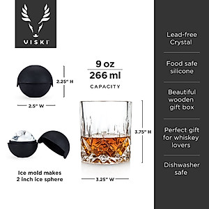 Viski Admiral Whiskey Glass Set - Crystal Old Fashioned Glasses with Ice Spheres in Gift Box - Dishwasher Safe Lowball Glasses 9oz - Set of 8