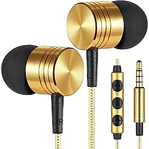 Betron B650 in Ear Headphones with Microphone - Bass Driven Sound, Aluminum Body Including S/M/L Earbud Tips, Carry Case (Gold)