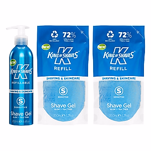 King of Shaves Sensitive Shaving Gel, Refillable Aluminium Bottle 1 x 250ml and Refill Shave Gel Pouch 2 x 200ml