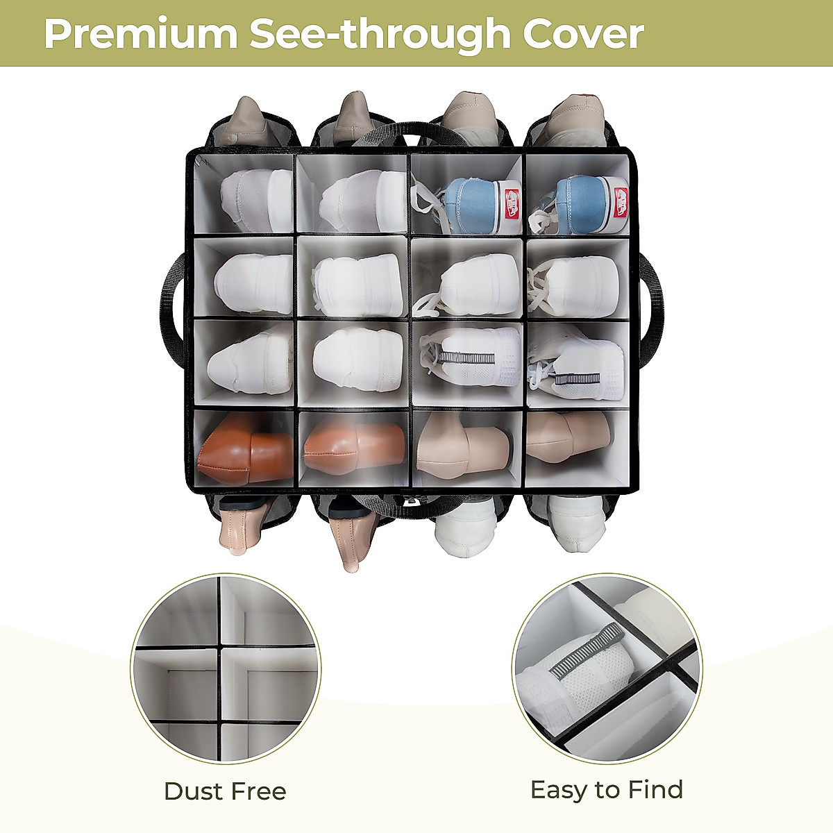 STORAGEIDEAS Shoe Organizer for Closet, Shoe Storage Solution with Clear Cover & Adjustable Dividers, Fabric Shoe Box Fits 16 +8 Pairs Shoes, Black, 1-Pack