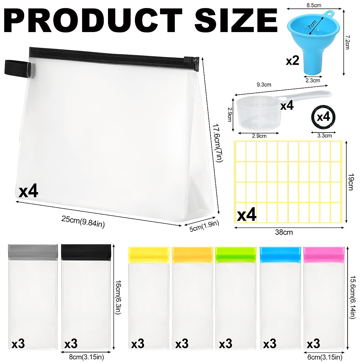 Tinrbip Protein Powder Container To Go, 25Pcs Protein Powder Travel Containers Set Include 21Pcs Single Dose Bags and 4Pcs Large Zip Up Bags, 2Pcs Funnels, 4Pcs Spoons and Sheet Labels, Spring Buckle