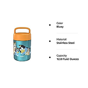 Zak Designs Bluey Kids' Vacuum Insulated Stainless Steel Food Jar with Carry Handle, Thermal Container for Travel Meals and Lunch On the Go (12 oz, 18/8 SS)