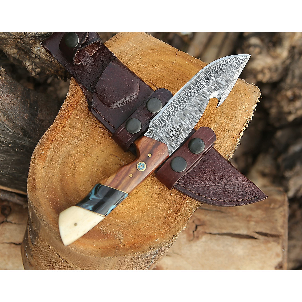 SHOKUNIN USA CaptainHook Hunting Knife High Carbon Steel Damascus Fixed Blade Full Tang Survival Tactical Knife with Sheath and Non-Slip Ergonomic Handle for Outdoor Camping