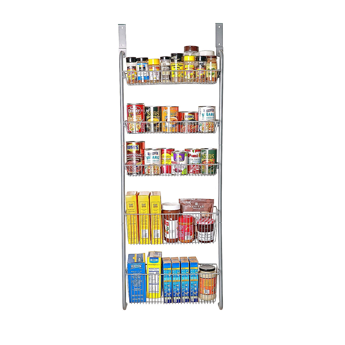 Bee Home Over the Cabinet Pantry Door or Wall Mounted Heavy Duty Metal Basket Organizer Storage Rack for Kitchen, Bathroom, Office, Toy Room includes hooks for over the door or wall mounting (5 Tier)