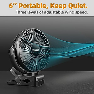 VANPRT 5000mah Clip on Fan, 6'' Portable Rechargeable Battery Fan, 7-30 Working Hours, 3 Speeds Strong Airflow, 720° Rotation, Quiet, Strong Clamp for Desk/Office/Golf/Car/Gym/Treadmill - Black