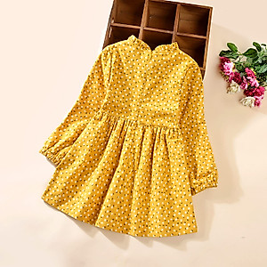 VINUOKER Toddler Baby Girls Floral Dress Long Sleeve Cotton Dress Fall Winter Midi Dress Little Girl Dress 2-7 Years Yellow