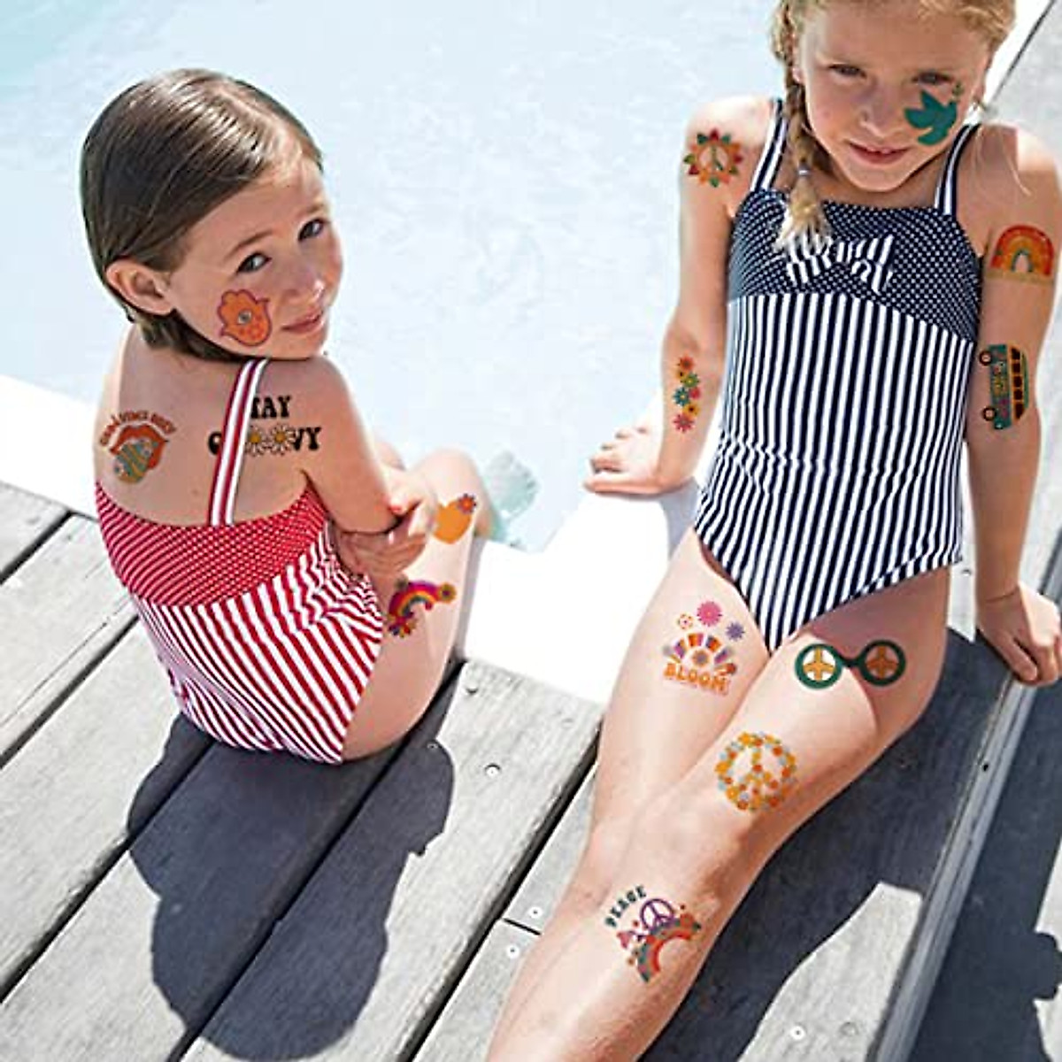 Ooopsiun Hippie Temporary Tattoos for Kids - 70 Styles,Groovy 70s Peace and Love Flower Power Birthday Party Favors for Boys Girls