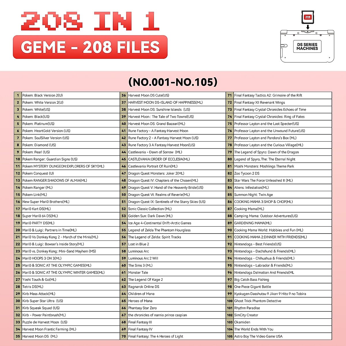 【2024 Newest】208 in 1 Super Combo Game Cartridge, Retro Game Pack Card Compilation with 208 Games