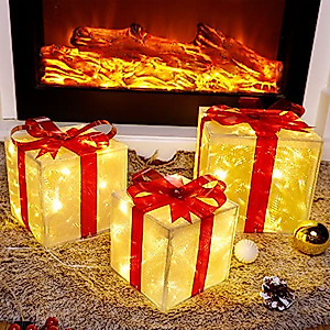 ATDAWN 60 LED Lighted Gift Boxes Christmas Decorations, Transparent Lighted Present Boxes, Christmas Home Gift Box Decorations, Warm White