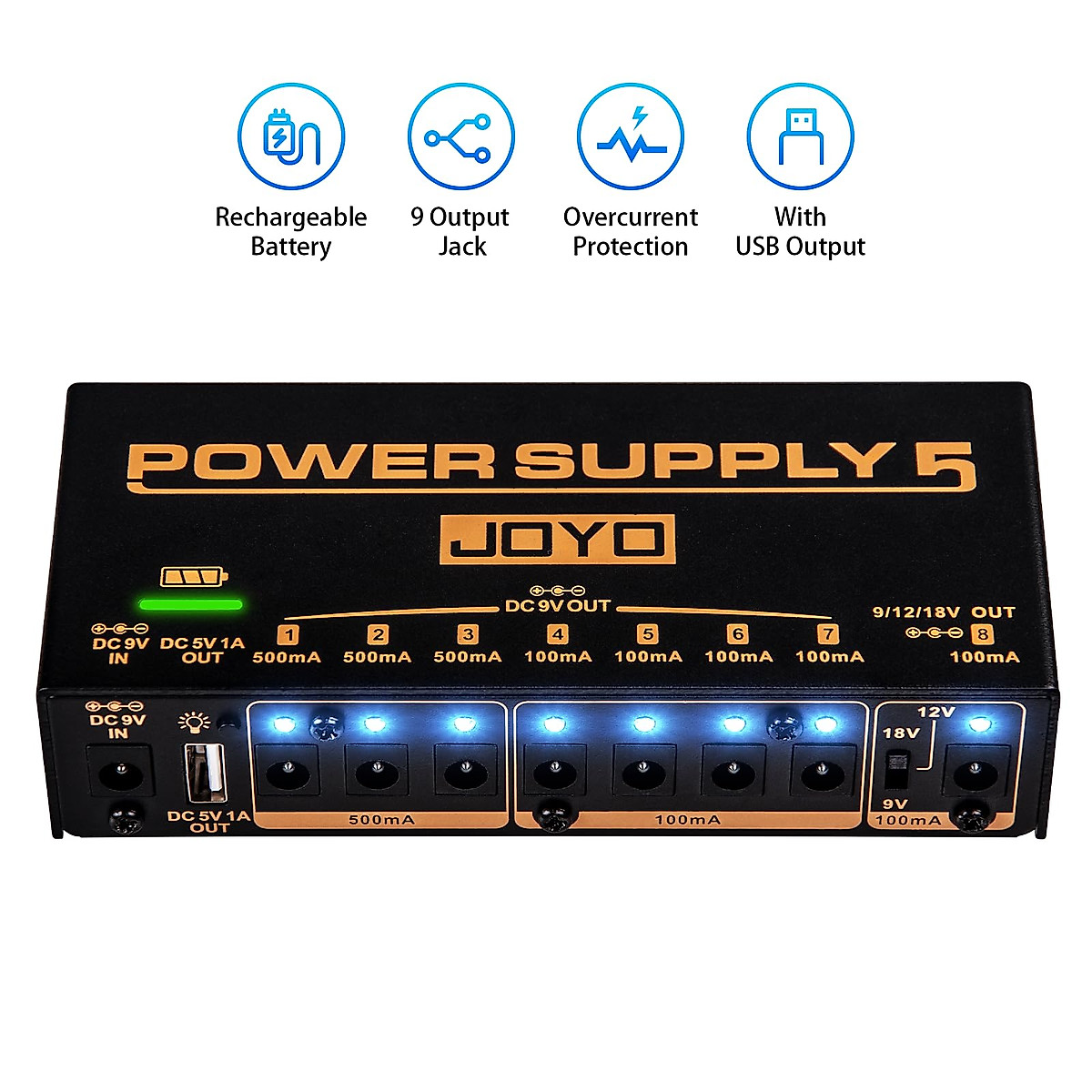 JOYO Built-in 4400mAh Rechargeable Battery Guitar Effect Pedal Power Supply 8 Outputs 9V 12V 18V (100mA, 500mA) Jacks & 5V/1A USB Port (JP-05)