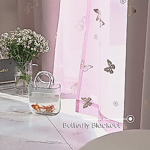 Jubilantex Pink Butterfly Sheer Curtains Gold Print Drapes for Baby Girls Nursery, Kids Bedroom 63 Inch Length Toddler Linen Textured Curtain Rod Pocket Window Treatment Sets, 2 Panels