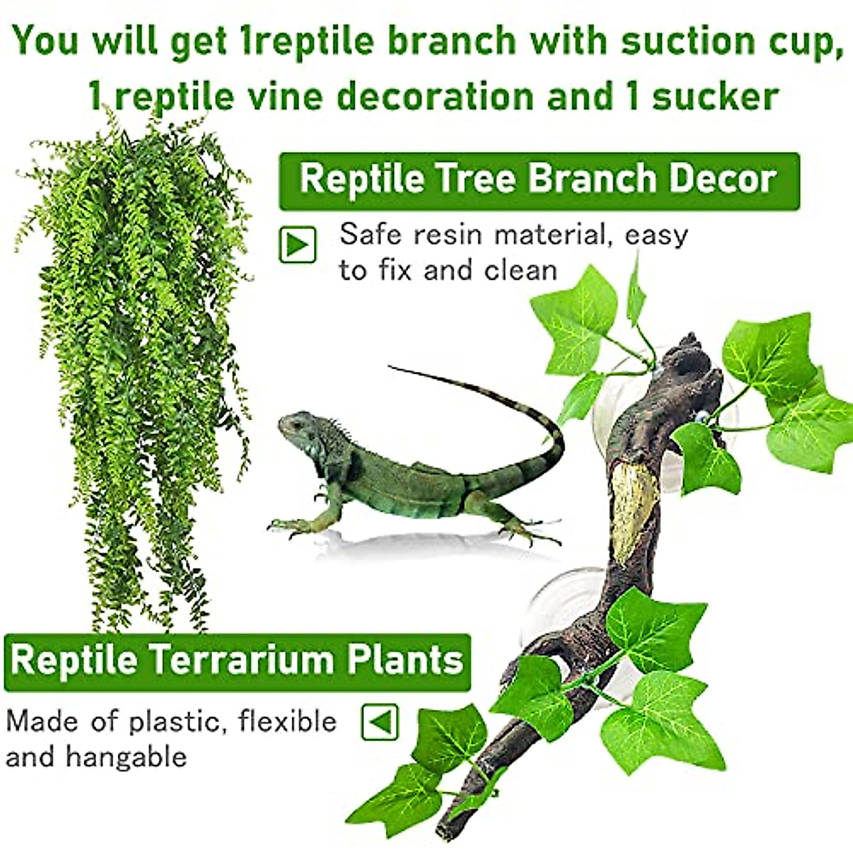 Hamiledyi Reptile Corner Branch Climbing Terrarium Plant Decoration Fake Vines Hanging with Suction Cup for Snakes Amphibian Bearded Dragons Lizards Frogs Geckos Tank Habitat Decor (2 PCS)