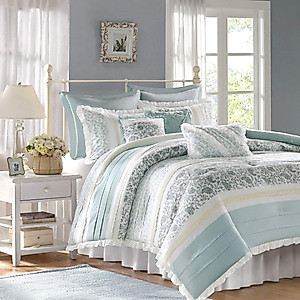 D&H 9 Piece Periwinkle Blue Green Paisley Comforter Queen Set, Blue White Shabby Chic Adult Bedding Master Bedroom Stylish Pintuck Ruffled Pattern Ruched Elegant Traditional Cotton Polyester