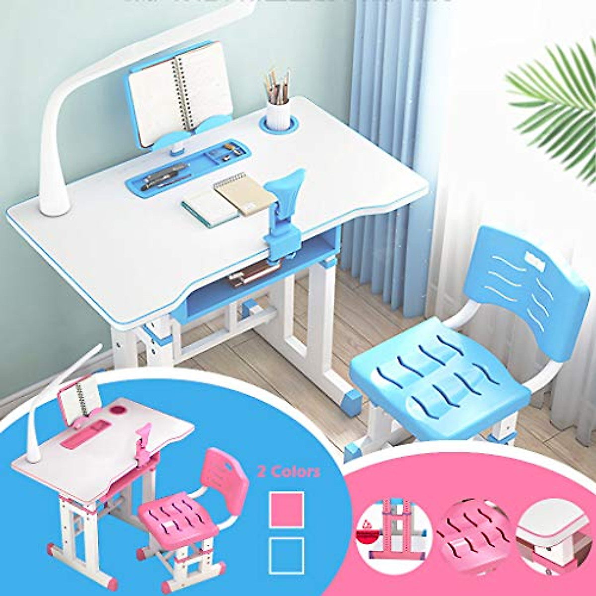 Children's Combined Study Desk and Chair Set, Height Adjustable Home School Use Anti-Reflective Children Study Table with LED Light/Reading Board/Pull-Out Drawer 80 x 49cm (Pink)