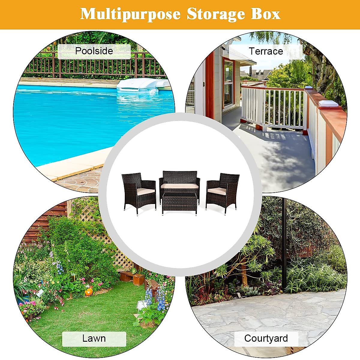 Toolsempire 4 Pieces Patio Sofa Set, Wicker Conversation Set with Ergonomic Curved Backrest, Patio Rattan Furniture Set with Water-Resistant Cushion & Tempered Glass Table for Balcony, Porch (Brown)