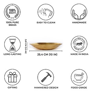 De Kulture Handmade Pure Brass Fruit Plate for Serving Traditional Dinner Serveware & Pooja Thali, Ideal for New Year, Anniversary, Birthday Gift, 10" D inches, Golden