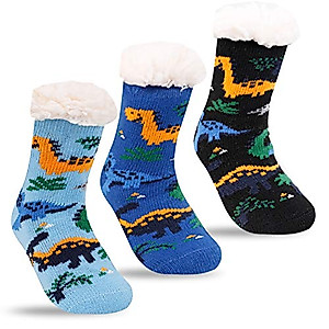 Winter Fuzzy Slipper Socks Kids Girls Boys Fluffy Sherpa Fleece Lined Holiday Christmas Cabin Thermal Warm Soft Cozy Toddler Gripper Non Skid Dinosaur, Stocking Stuffers for Children, Gift for Baby