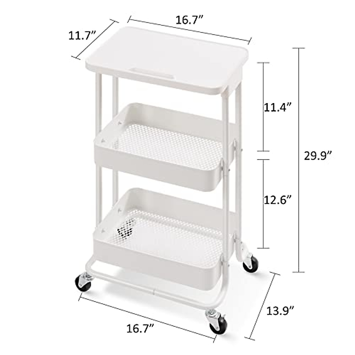 TOOLF 3-Tier Metal Rolling Storage Cart with Plastic Tabletop, 3-Tier Metal Serving Rolling Cart with Contral Handle,Trolley Organizer with Locking Wheels for Library Office Classroom Home Dedroom
