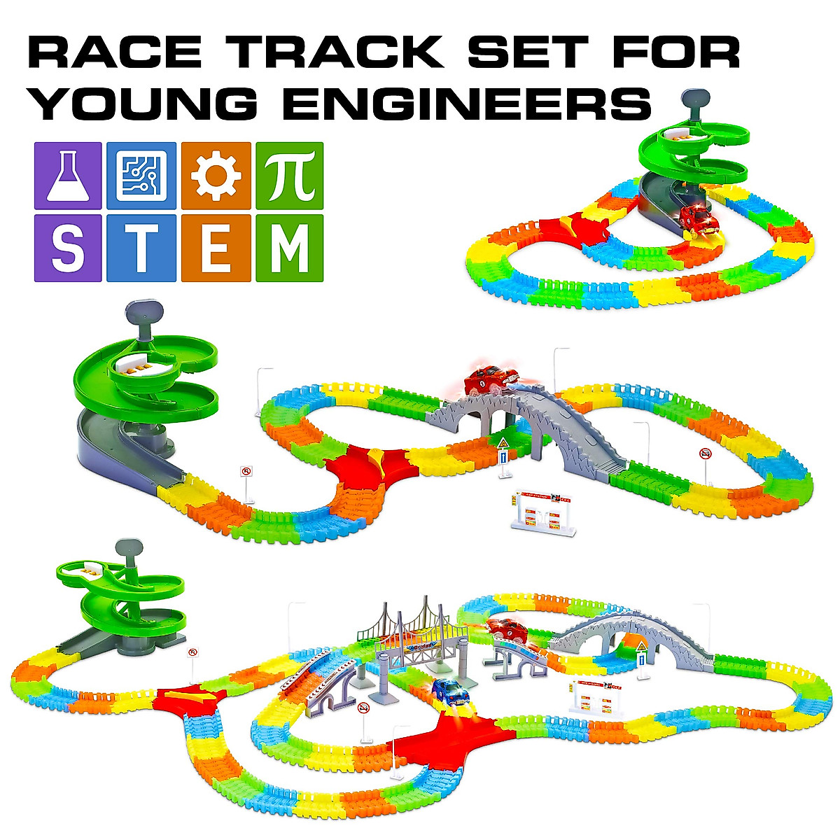 USA Toyz Large Glow Trax Race Tracks for Kids- 380pc Glow in The Dark Race Car Track Set with 360pk Rainbow Flexible Tracks, Roundabout Ramp, Bridges, Ramps, 2 Toy Cars, STEM Toys for Boys and Girls