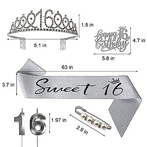 16th Birthday Decorations for Girls，Silver 16 Birthday Crown Tiara ，Cake Topper, Birthday Sash with Peal Pin and Birthday Candles Kit,16th Birthday Gifts for Girls