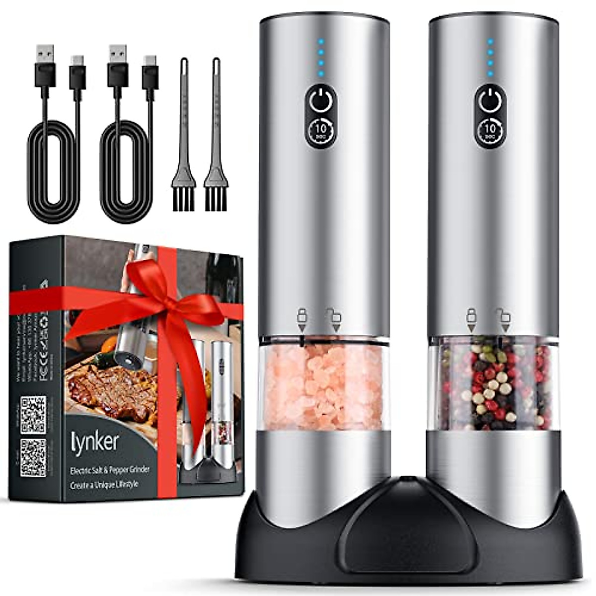Gravity Electric Salt and Pepper Grinder Set, Automatic Upgraded Pepper and Salt Mill with Charging Base, Adjustable Coarseness and LED Light, One Hand Operation (Silver)