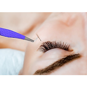 Best Fiber Point Tip Eye Lash Tweezers for Eyelash Extensions with Mega Microfiber Dusting Volume Professional Diamond Grip Curved Degree Boot Angle Lashing Tweezer for Russian Lashes L Shaped Purple