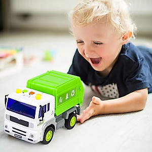 12" Large Recycling Garbage Truck Toy with Lights & Sounds - Friction Powered Realistic Dump Truck with Pull-Back Tailgate, 4 Trash Bins & Trash Cards, Birthday Gift for Boys Aged 3-7
