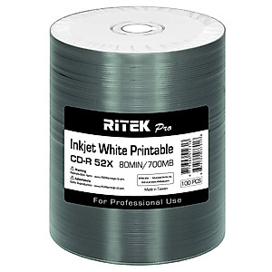 100 Pack Ritek Pro (Professional Grade) CD-R 52X 700MB White Inkjet Hub Printable Blank Media Recordable Disc