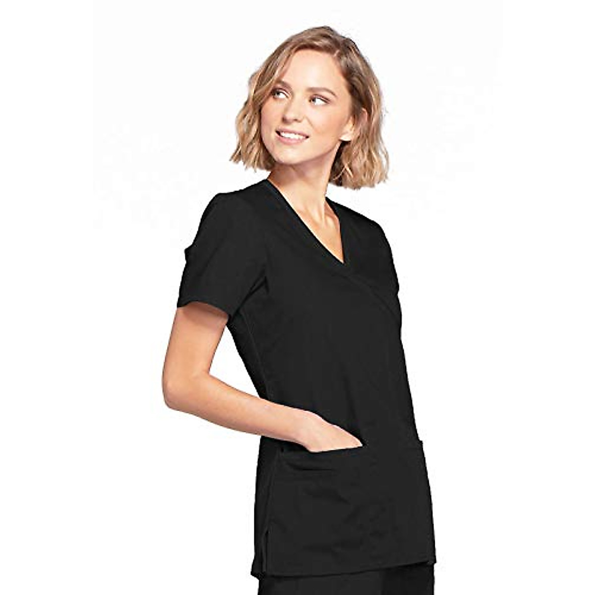 Women's Mock Wrap Top Workwear Originals with Rib-Knit Back Panels WW650, M, Black