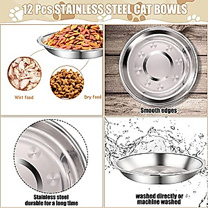 12 Pcs Stainless Steel Cat Bowls Shallow Cat Food Bowls Metal Food and Water Dish for Small Dogs and Cats
