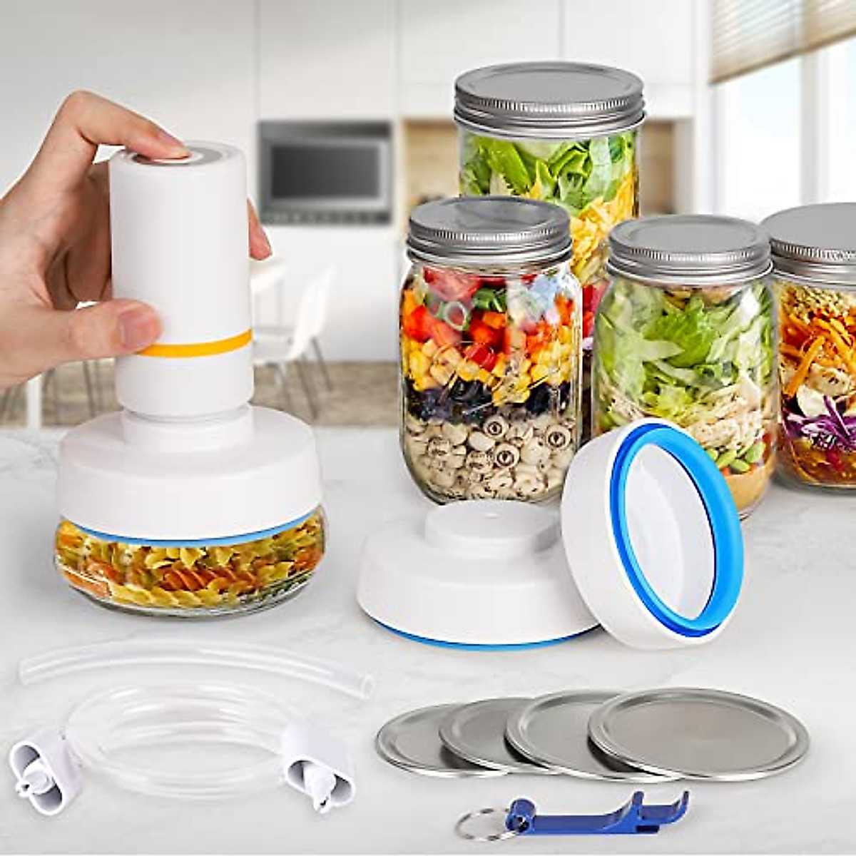 Mason Jar Vacuum Sealer Kit: Electric Jar Vacuum Pump With Wide Regular Mouth Mason Jars Compatible with Food Saver Vacuum Sealer Machine Canning Sealer with Jar Attachment 2 Hose for Food Storage