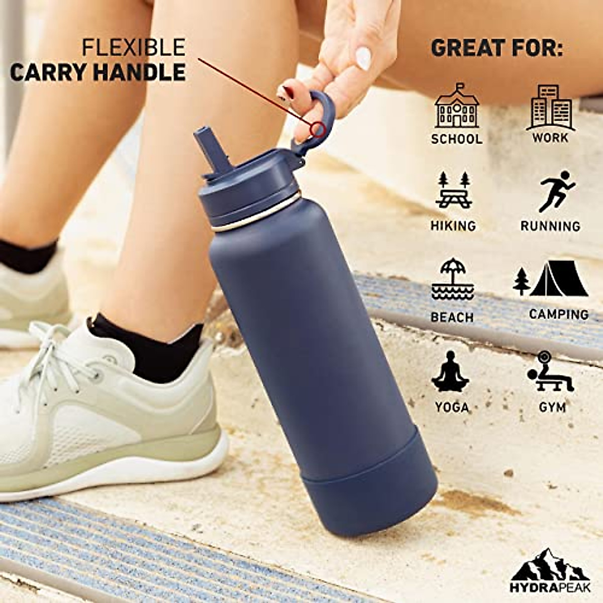 Hydrapeak 32oz Sport Insulated Water Bottle with Straw or Chug Lid, Premium Stainless Steel Water Bottles, Leak & Spill Proof, Keeps Drinks Cold for 24 Hours, Hot for 12 Hours (32oz, Black)
